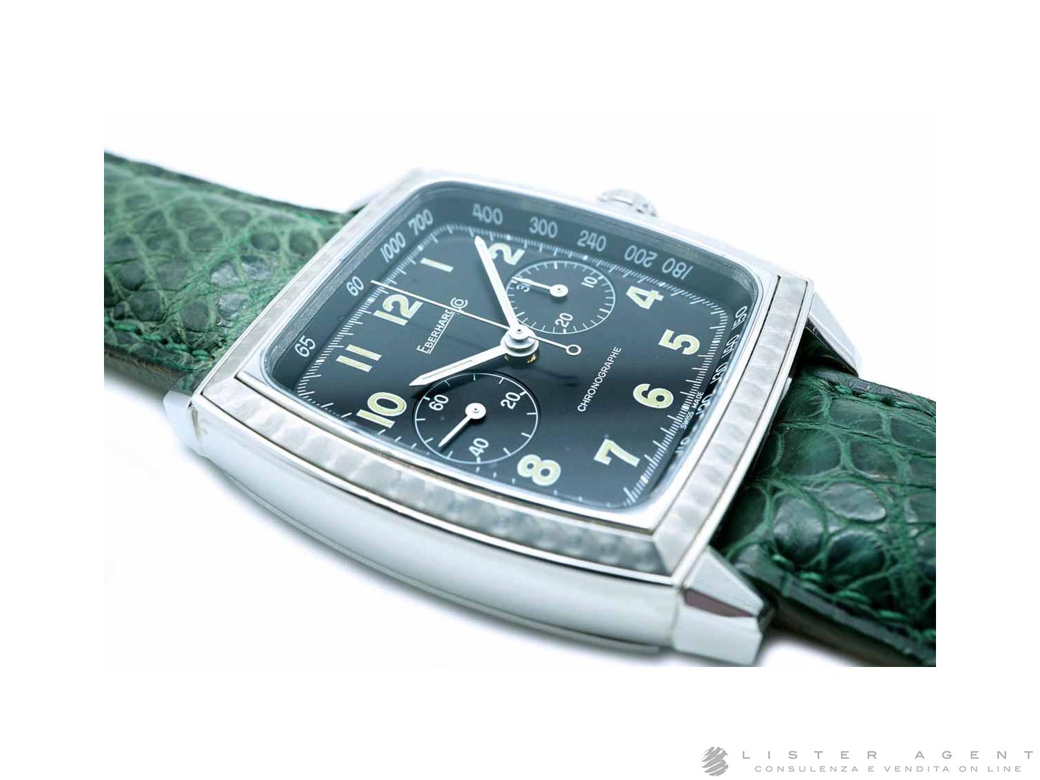 EBERHARD & CO Quadrangolo Cronografo in acciaio Nero Carica Manuale Ref. 31034. NUOVO! * Lister ...